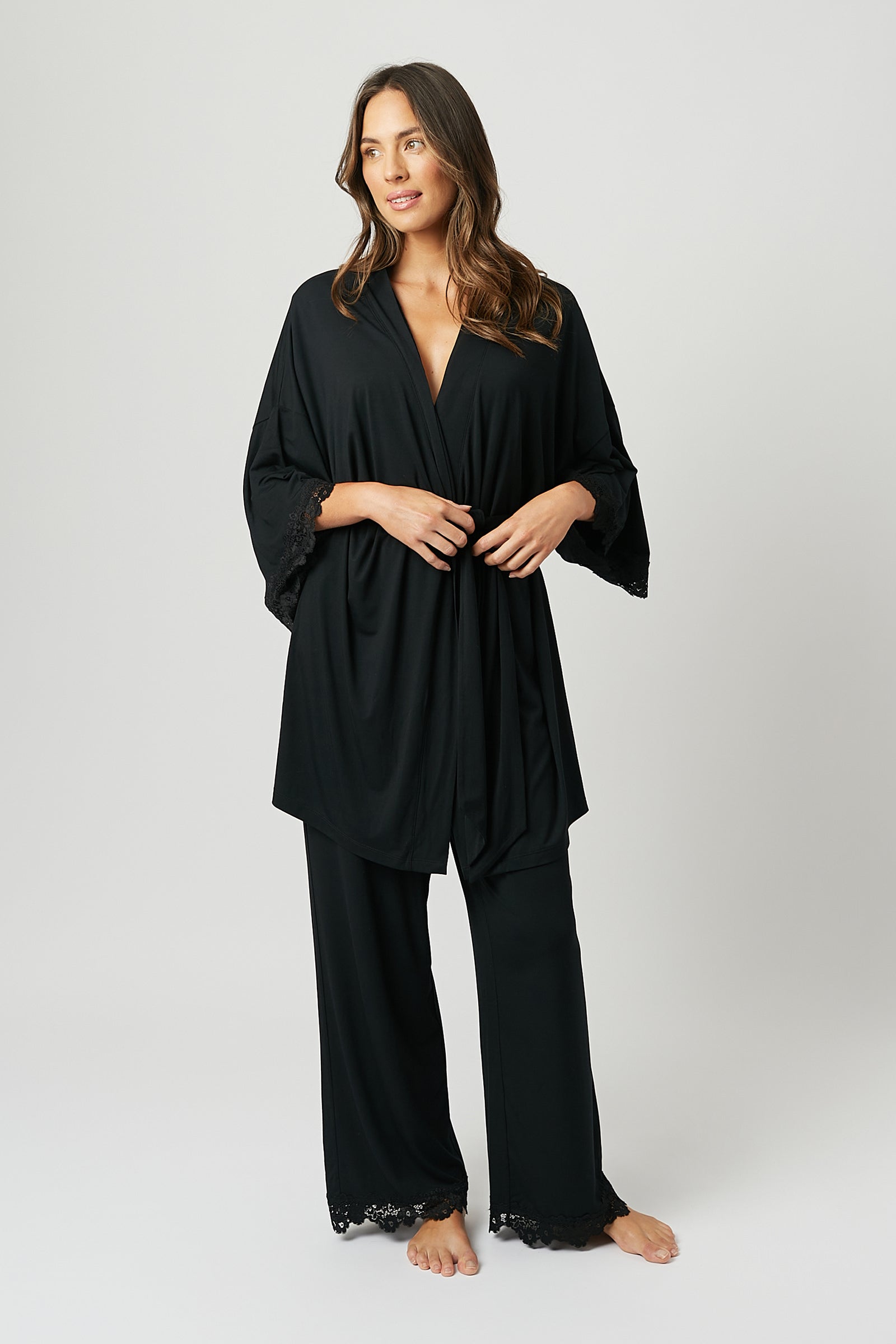 Lace Trim Modal Robe BLACK – UNE PIECE